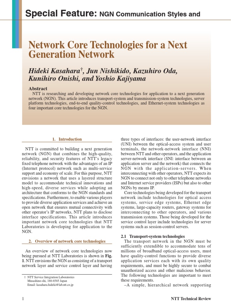 Network Core Technologies For A Next Generation Network: Special ...