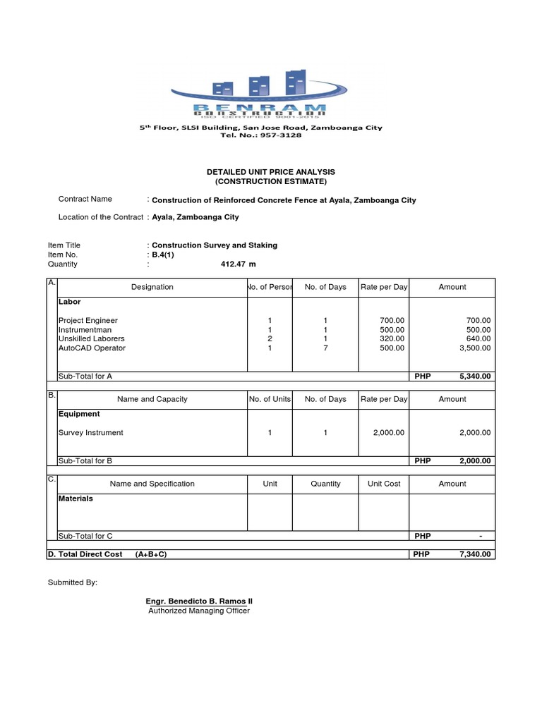 Detailed Unit Price Analysis for Construction Items for the Reinforced ...