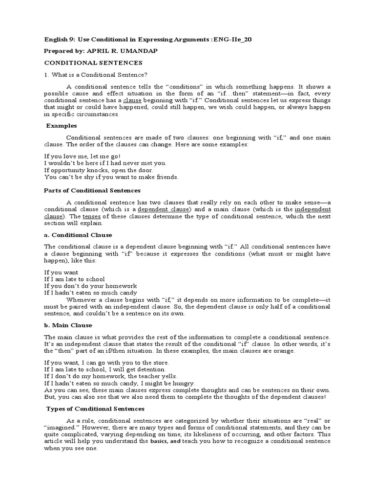 English 9: Use Conditional in Expressing Arguments:Eng-Iie - 20 ...