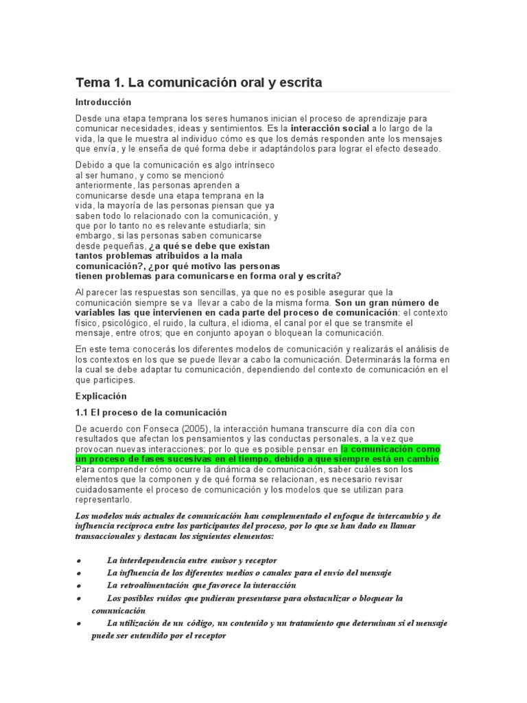 Tema 1. La Comunicacion Oral y Escrita | Descargar gratis PDF | Comunicación | Comunicación no ...