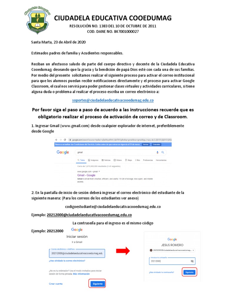 Activación de Correo y Classroom Cooedumag | PDF | Gmail | Internet