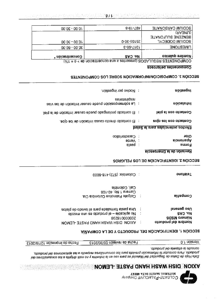 MSDS Axion Pasta Limon | PDF
