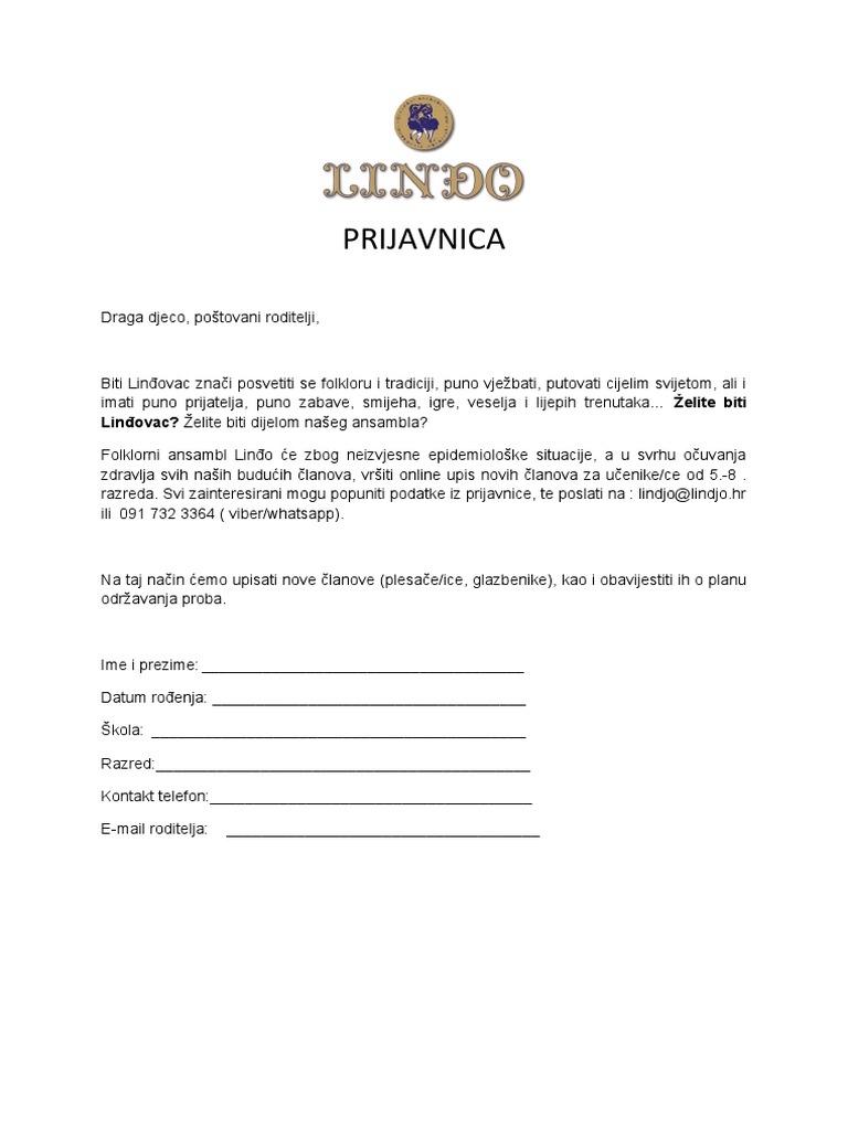 Lindjo Audicija Upisnica 2020 - Prijavnica | PDF