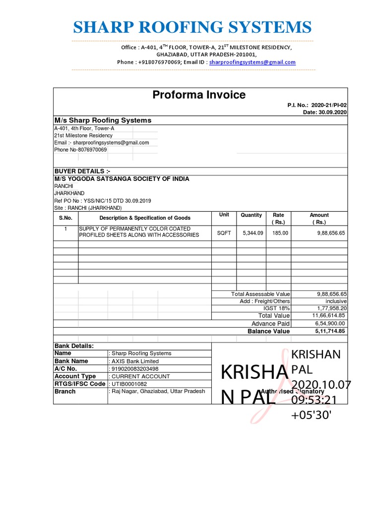 Proforma Invoice-20-21 PI 02 DTD 30092020 | PDF | Corporations | Banking