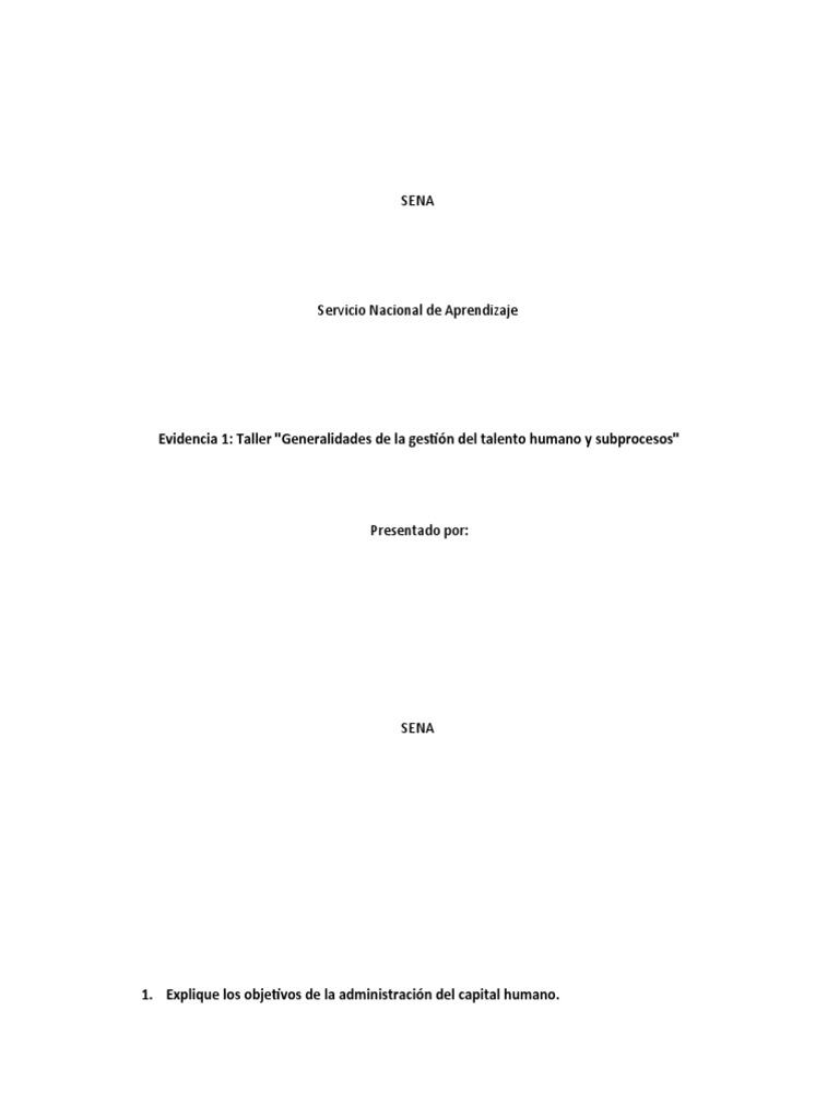 Evidencia 1 Taller Generalidades de La Gestion Del Talento Humano y Subprocesos | PDF | Gestión ...