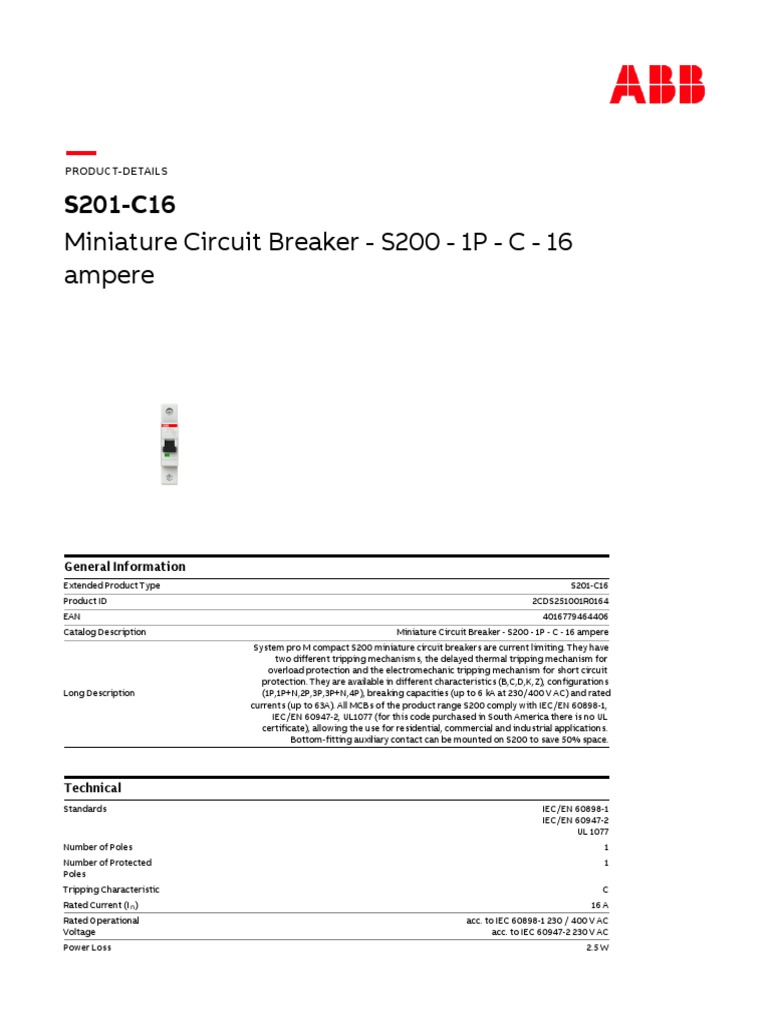 2CDS251001R0164 Miniature Circuit Breaker s200 1p C 16 Ampere | PDF ...