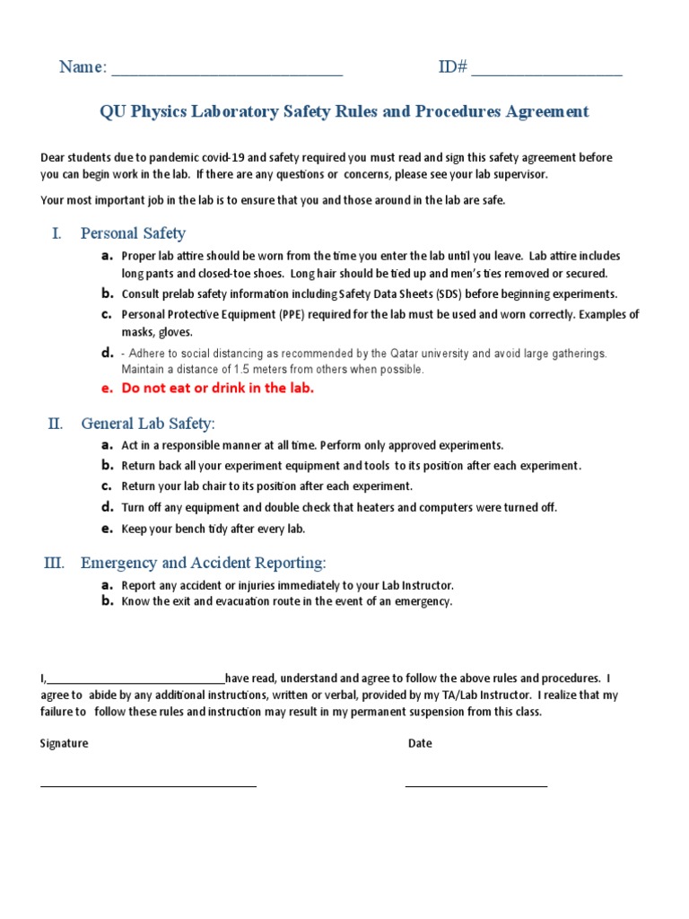 Safety Contract Fall 2020 | PDF