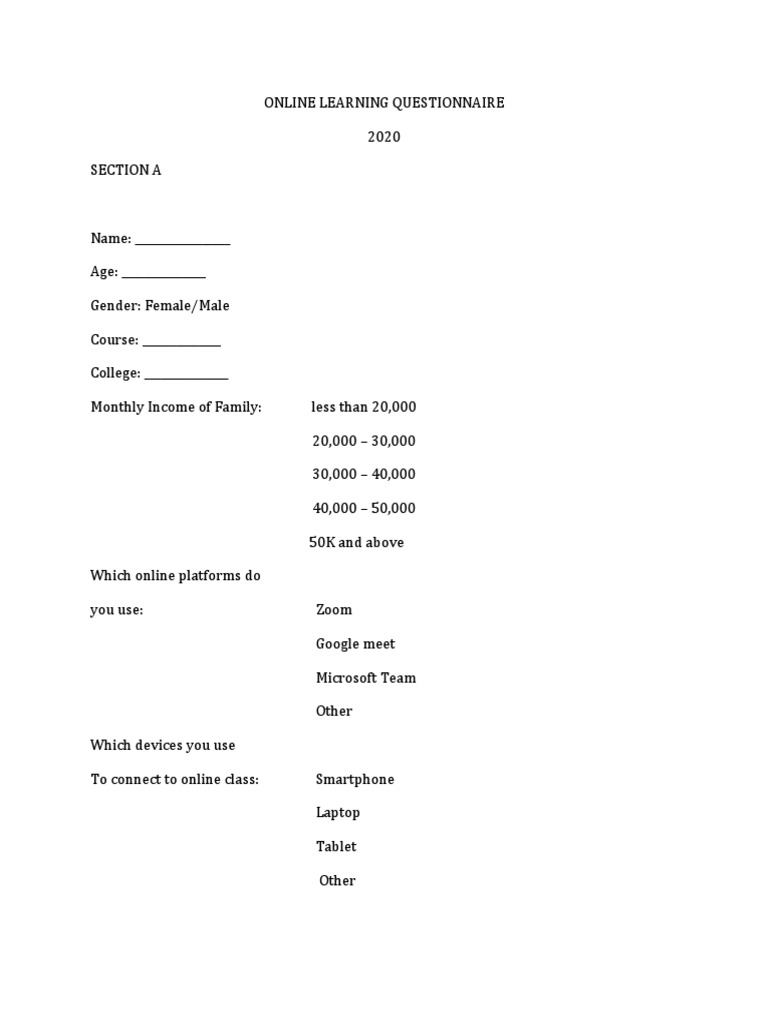 Online Learning Questionnaire | PDF | Educational Technology | Internet