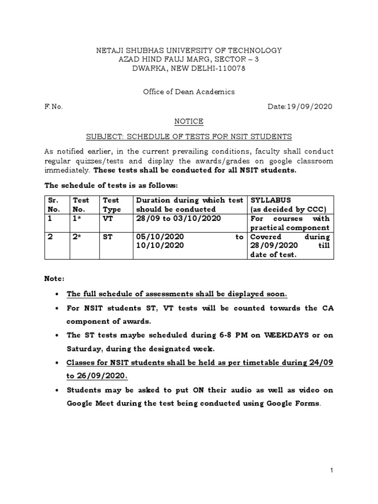 CLASS TEST FOR NSIT Students | PDF | Schools | Statistics Of Education