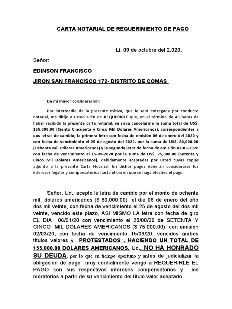 Carta Notarial de Requerimiento de Pago | PDF