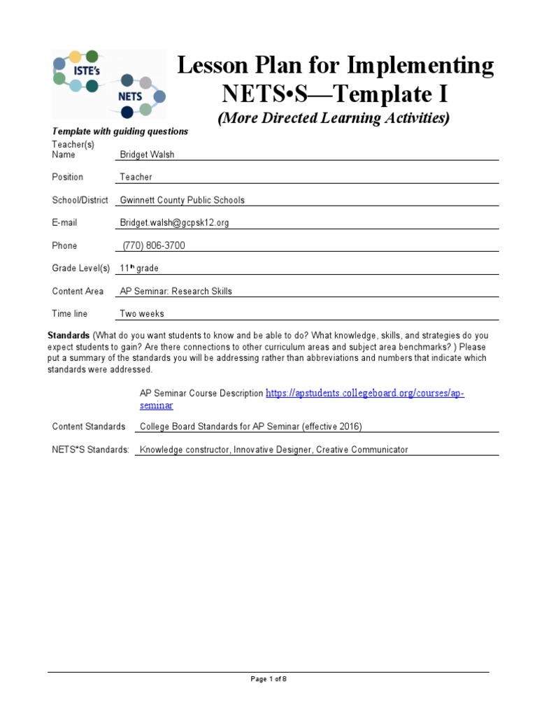 Lesson Plan For Implementing NETS - S-Template I: (More Directed ...