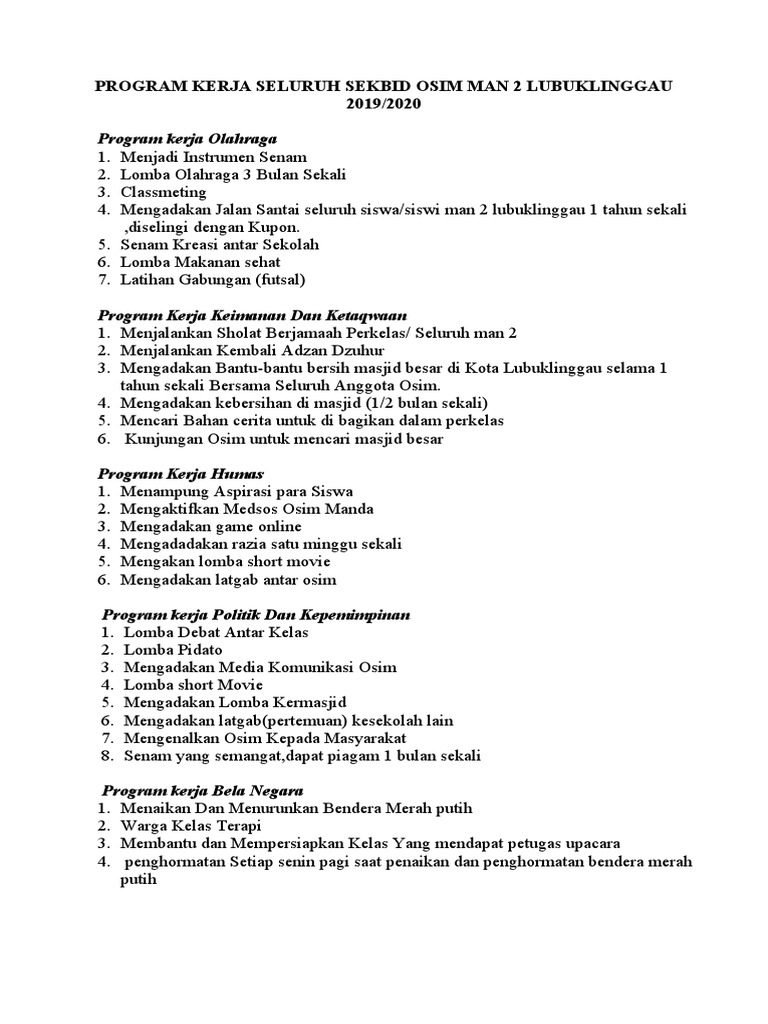 Program Kerja Seluruh Sekbid Osim Man 2 Lubuklinggau 2019 | PDF | Karier & Perkembangan | Gaya Hidup
