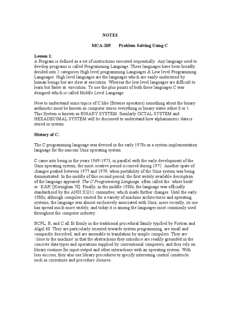 Notes MCA-105 Problem Solving Using C Lesson 1 | PDF | Pointer ...