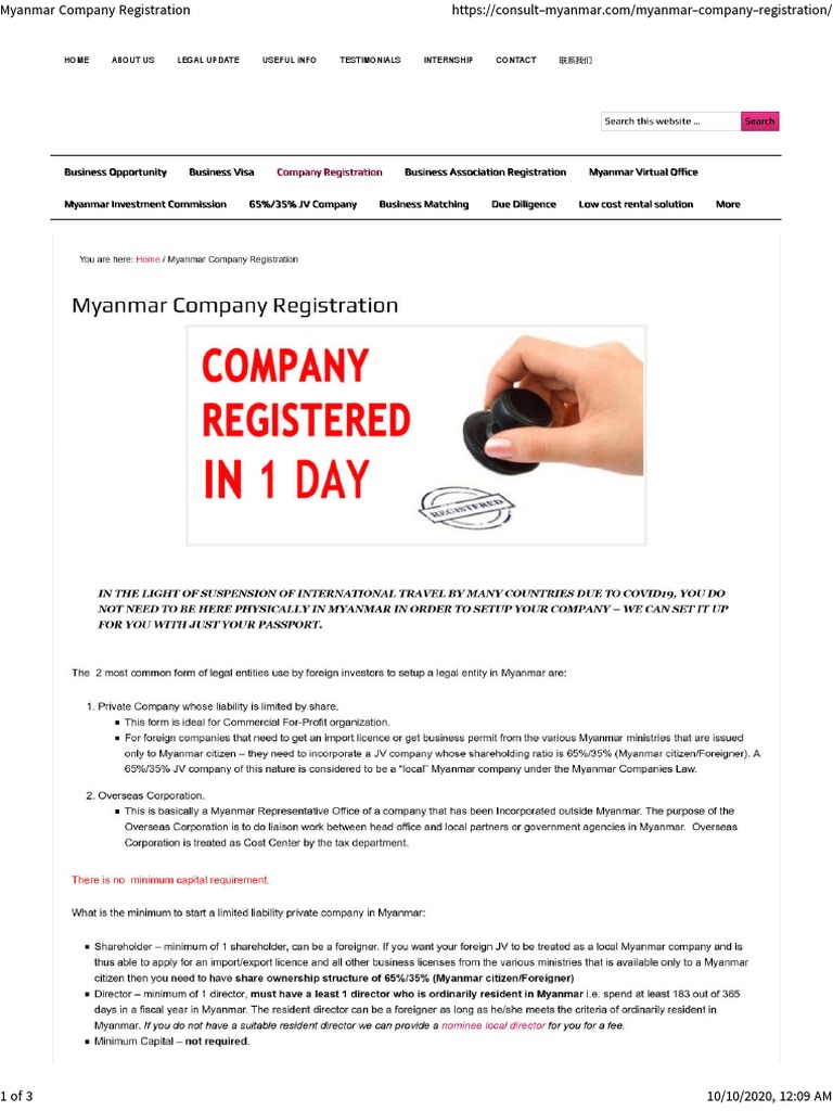 Myanmar Company Registration in One Day | PDF
