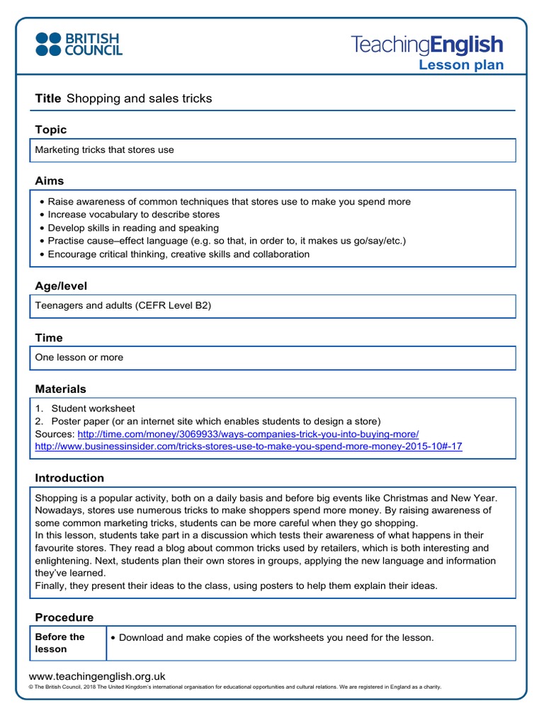 Shopping and Sales Tricks: Lesson Plan | PDF | Lesson Plan | Learning