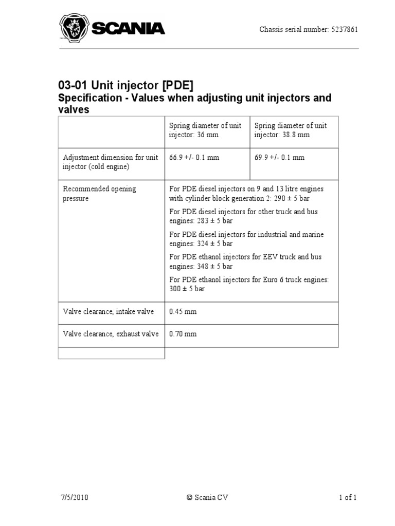 03-01 Unit Injector (PDE) : Specification - Values When Adjusting Unit ...