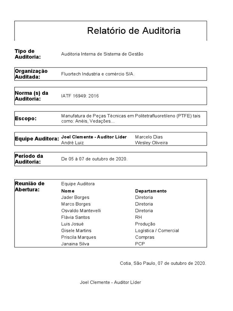 Modelo Relatório de Auditoria Interna IATF | PDF | ISO 9000 | Qualidade (negócios)