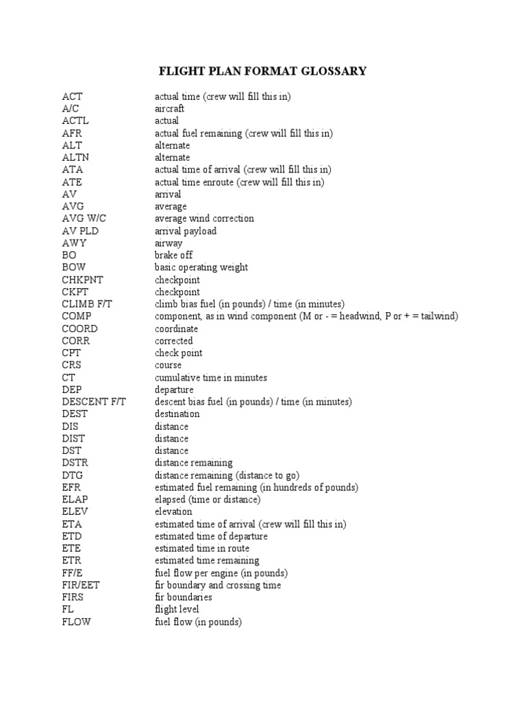 Flight Plan Format Glossary | PDF | Aviation | Aerospace