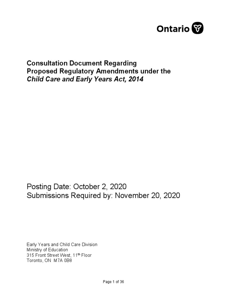 Consultation Document 2020-Proposed Regulatory Amendments CCEYA | Child ...
