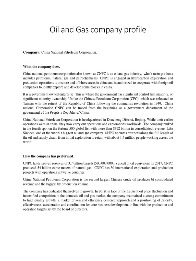 Profile of China National Petroleum Corporation: Operations ...