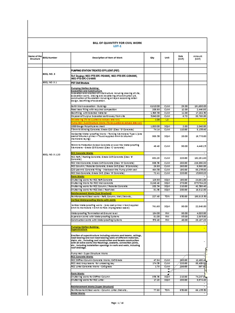Civil Works BOQ for Pumping Station | PDF | Wall | Roof
