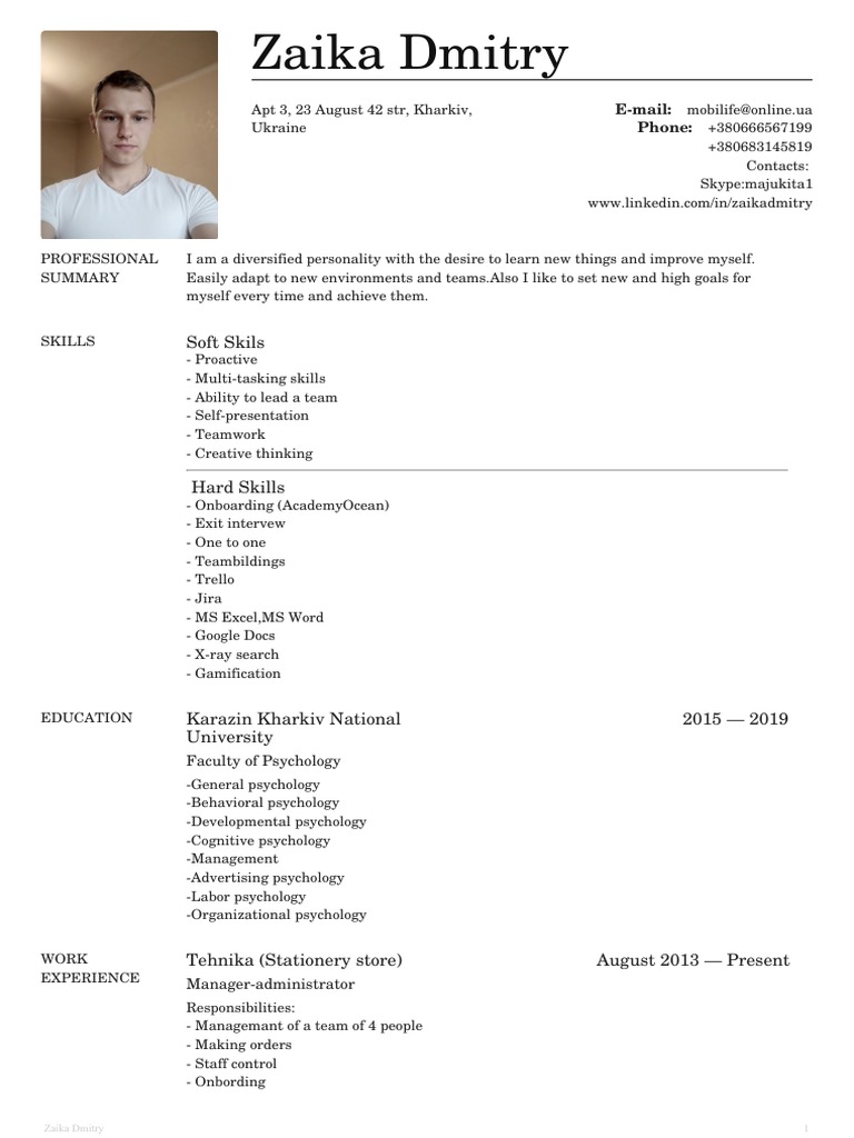 Zaika Dmitry CV PDF | PDF | Cognition | Behavior Modification