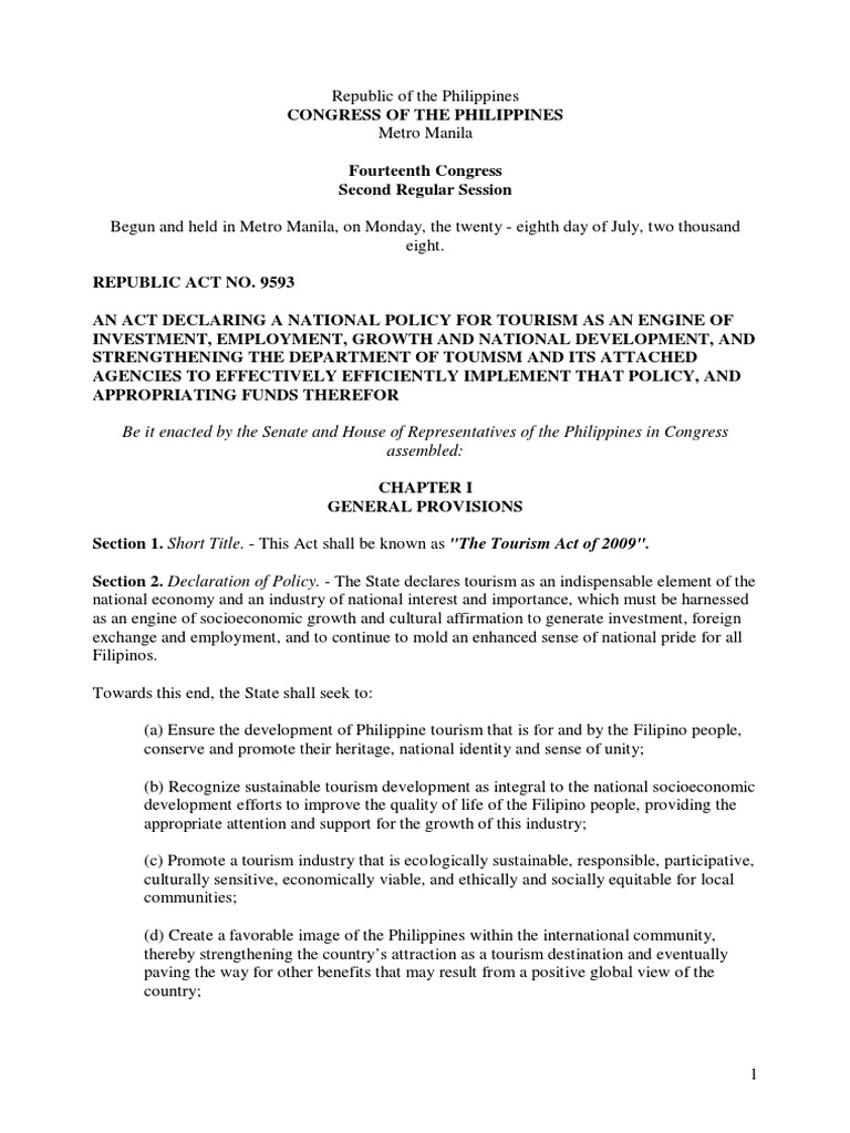 RA 9593 (The Tourism Act of 2009) PDF | PDF | Regulatory Compliance ...