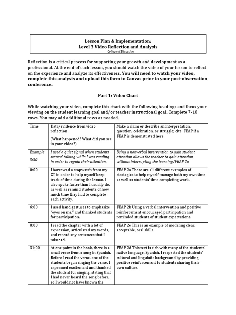 Lesson Plan & Implementation: Level 3 Video Reflection and Analysis ...