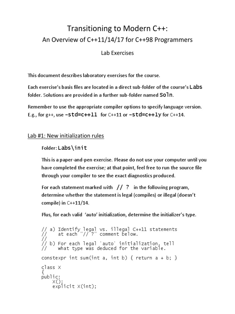 Lab Exercises On Transitioning To Modern C An Overview Of C 11 14 17 Features For C 98