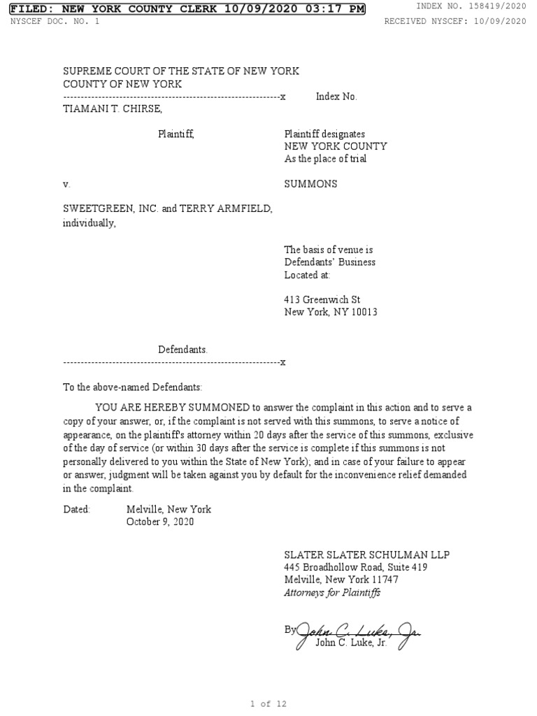 2020 Tiamani T Chirse V Sweetgreen Inc Et Al SUMMONS COMPLAINT 1 PDF ...