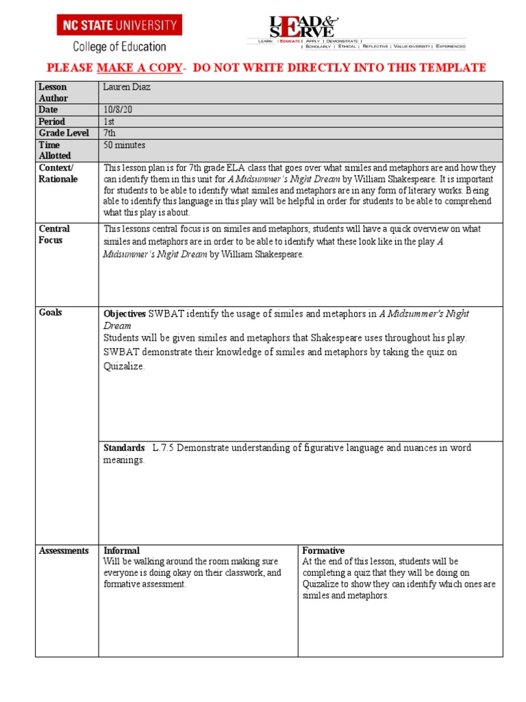 Lesson Plan Template 2020-2021 1 | PDF | Metaphor | Lesson Plan