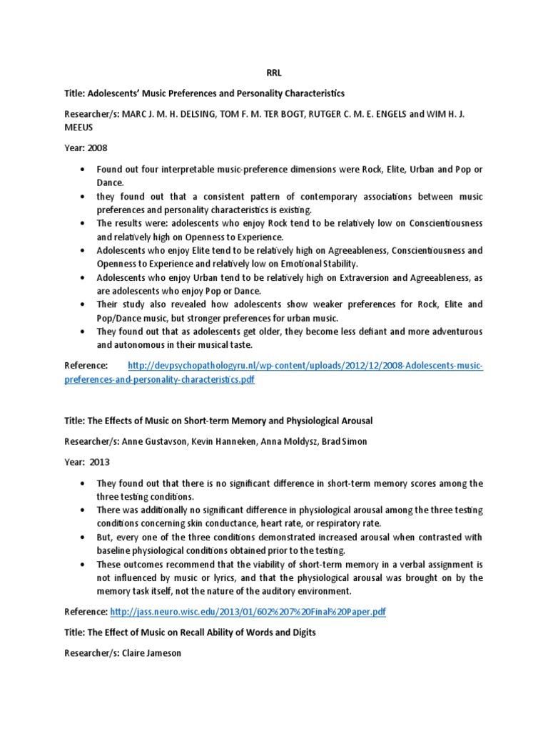 RRL Title: Adolescents' Music Preferences and Personality ...