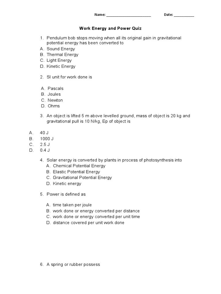 Work Energy and Power Quiz | Download Free PDF | Potential Energy | Watt