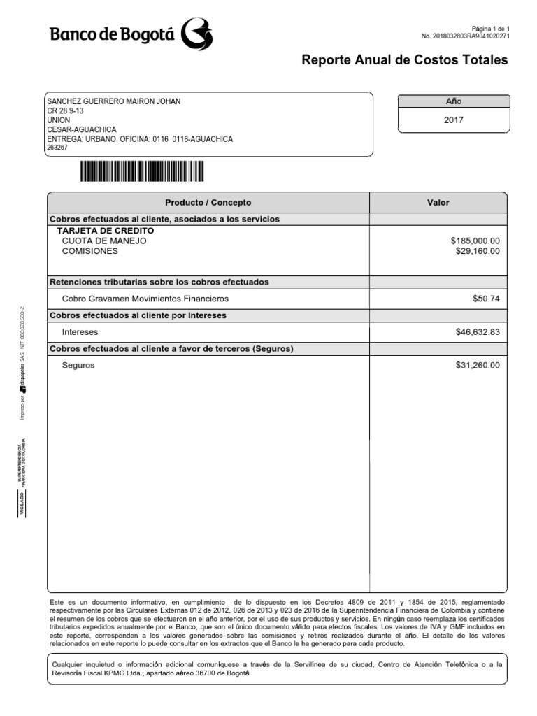 Certificado - Reporte Anual de Costos Totales - 2017 | PDF | Servicios financieros | Economias