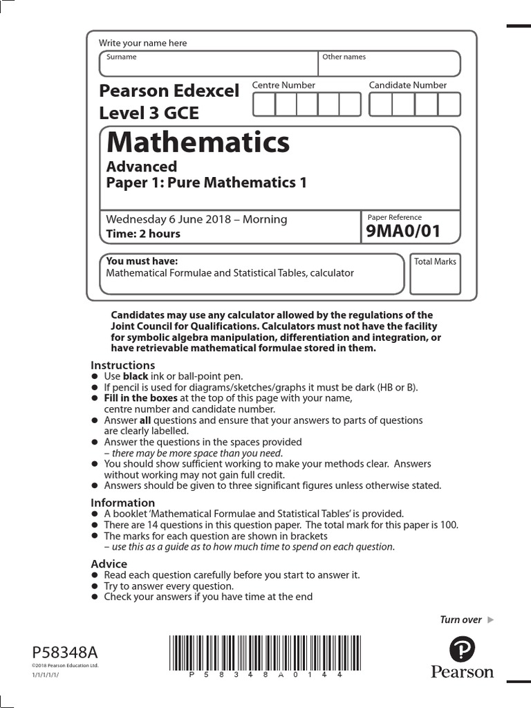 9MA0 - 01 Pure Mathematics 1 | PDF | Area | Angle