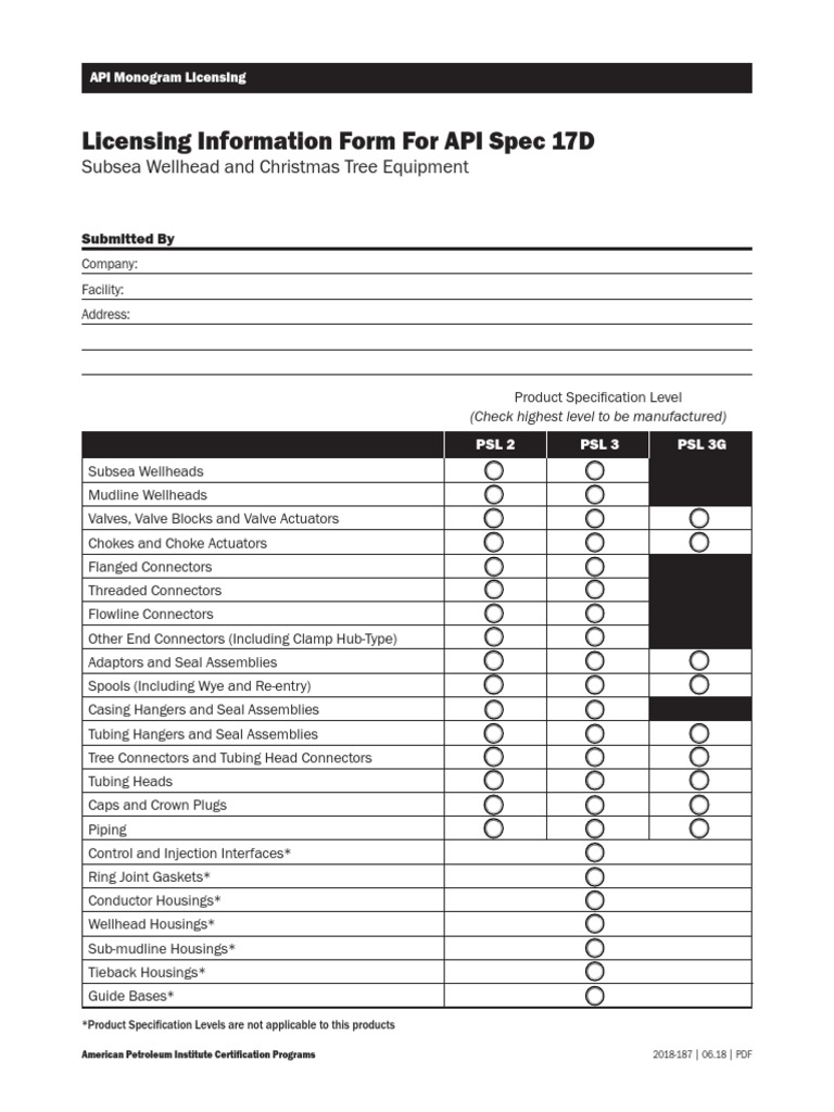 Licensing Information Form For API Spec 17D: Subsea Wellhead and ...