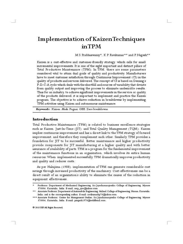 Implementation of Kaizen Techniques in TPM | PDF | Quality Assurance ...