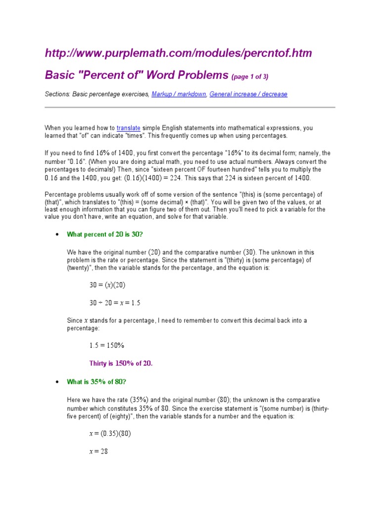 Basic "Percent Of" Word Problems: Sections: Basic Percentage Exercises ...