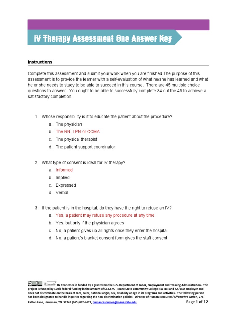 Assessing IV Therapy Knowledge: An Answer Key for a 45 Question ...