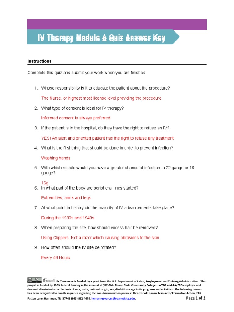 IV Therapy Quiz Answer Key | PDF | Intravenous Therapy | Clinical Medicine