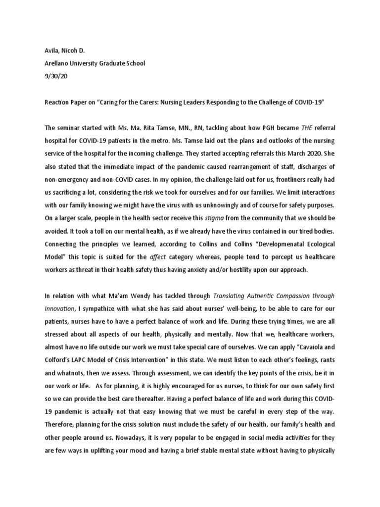 Reaction Paper - Crisis Intervention 09-30-2020 | PDF | Nursing ...