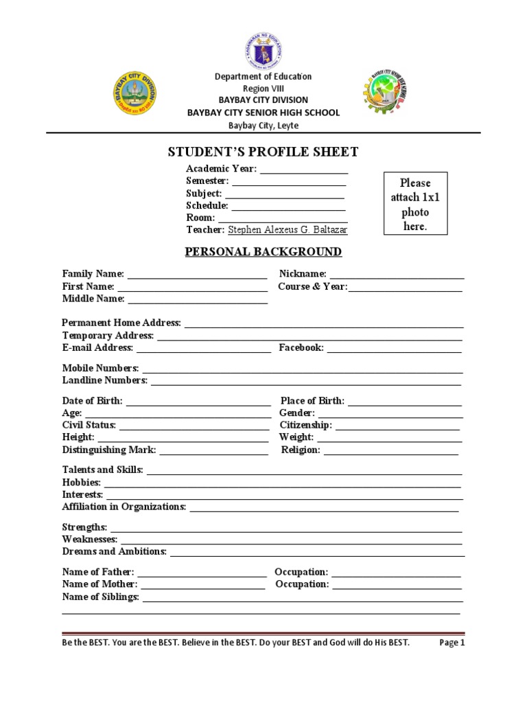 Student'S Profile Sheet: Personal Background | PDF