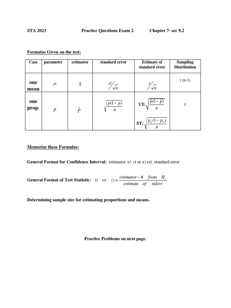 One Mean One Prop.: Case Parameter Estimator Standard Error Estimate of Standard Error Sampling ...