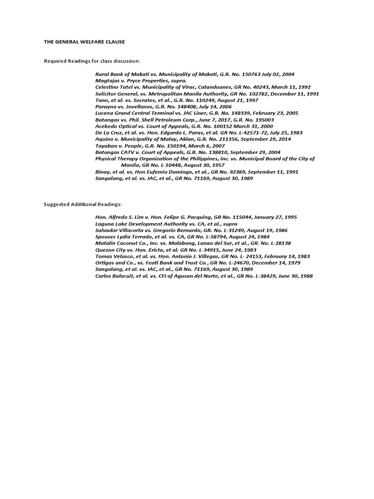 Overview of General Welfare Clause Cases | PDF | Metro Manila | Philippines