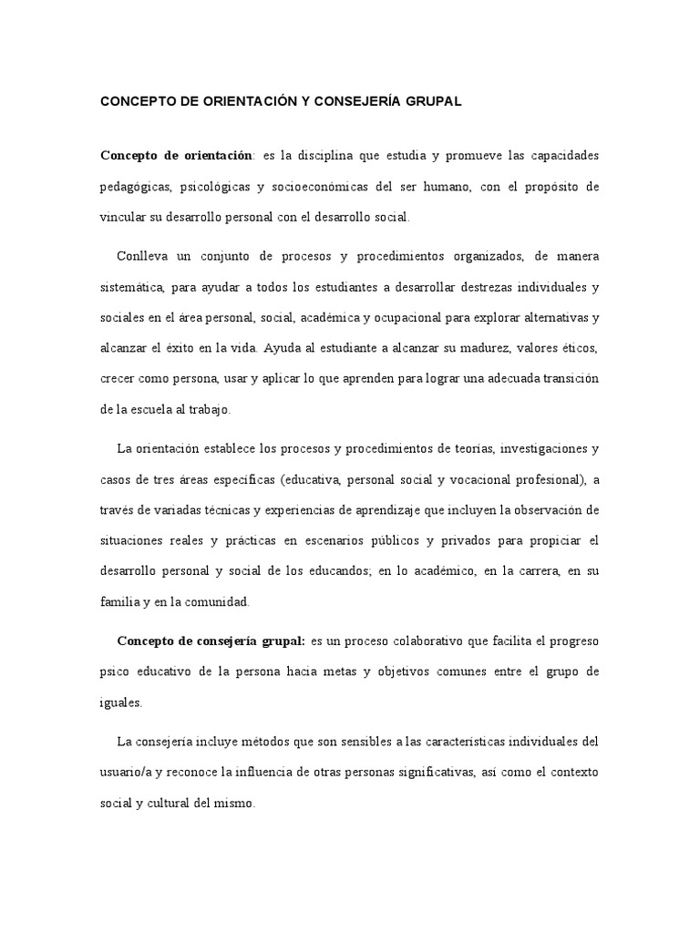 Concepto de Orientación y Consejería Grupal | PDF | Desarrollo personal ...