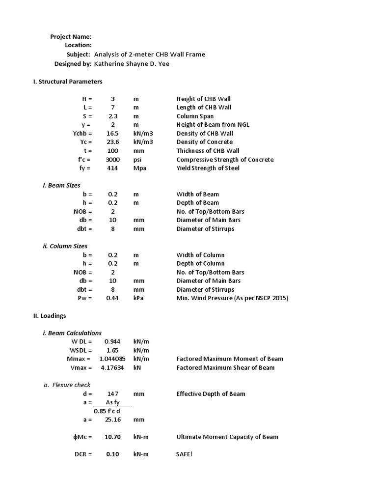 Analysis of 2-Meter CHB Wall Frame Katherine Shayne D. Yee: Project ...