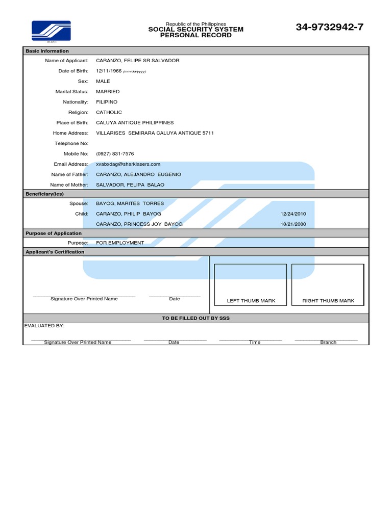 SSS Personal Record for Employment | PDF