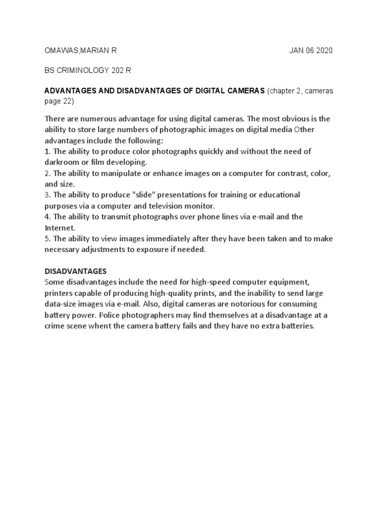 Advantages and Disadvantages of Digital Cameras (Chapter 2, Cameras ...