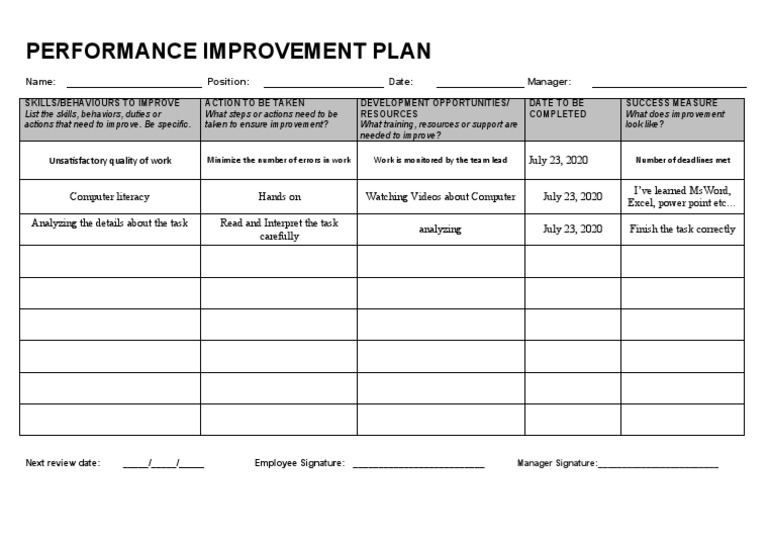 TEMPLATE - Improvement Plan | PDF