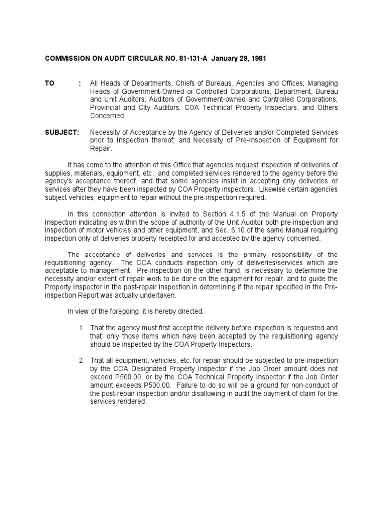 COA Circular on Acceptance of Deliveries and Pre-Inspection of ...
